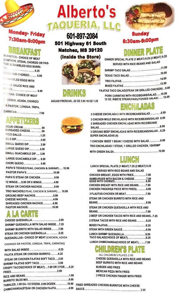 Menu at Alberto's Taqueria Llc restaurant, Natchez, 501 HWY 61 S