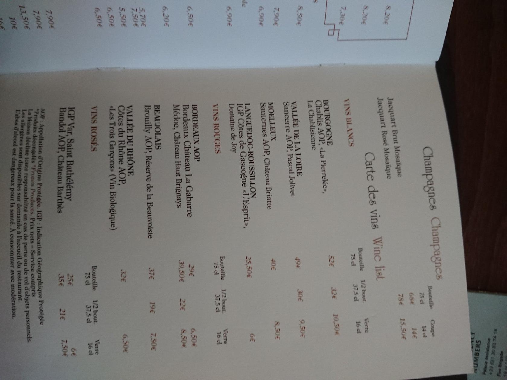 Menu au Angelina Paris restaurant, Versailles, Château de Versailles