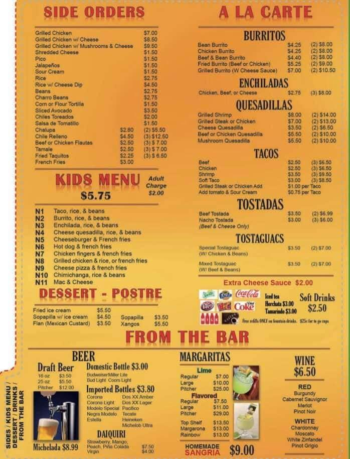 Menu at Azteca Mexican Grill restaurant, Monroe
