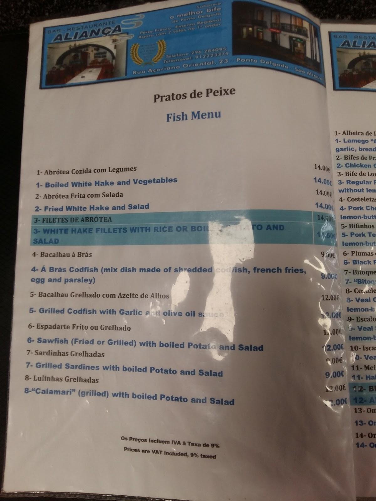 Menu em Bar-Restaurante Aliança, Ponta Delgada