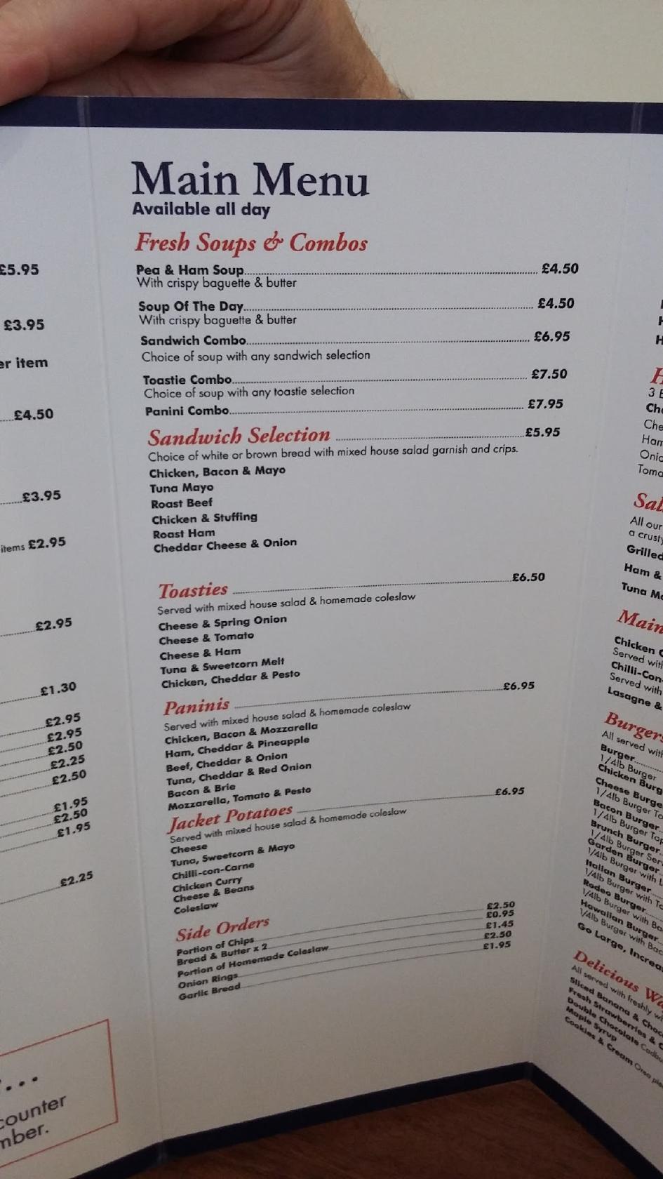 Menu at Cookies cafe, Blackpool