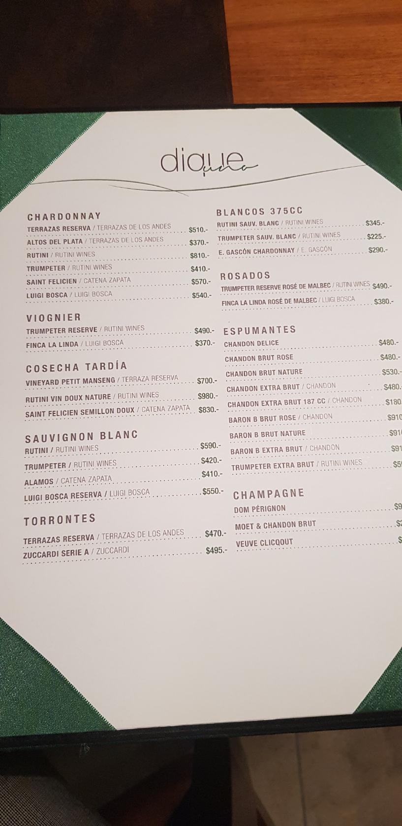 Carta del restaurante Dique Uno, Santa Fe