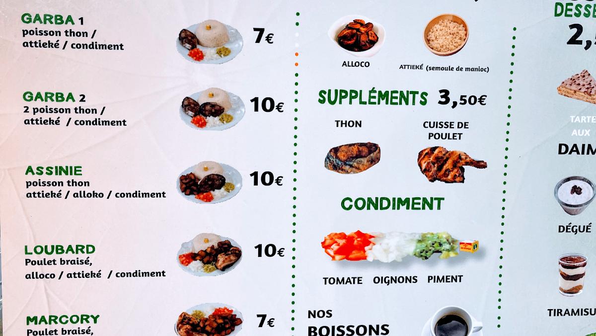 Menu au GARBA CHAUD Courneuve restaurant, La Courneuve