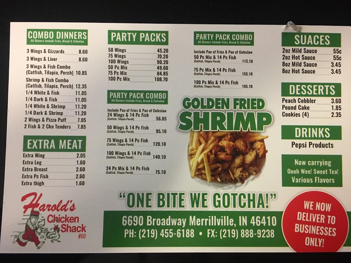Menu at Harold's Chicken Shack fast food, Merrillville, 6690 Broadway