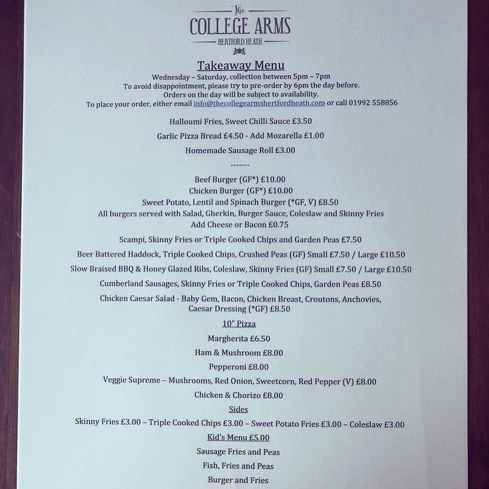 Menu at College Arms pub & bar, Hertford