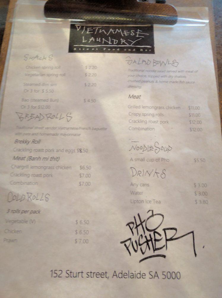 Menu at Vietnamese Laundry restaurant, Adelaide