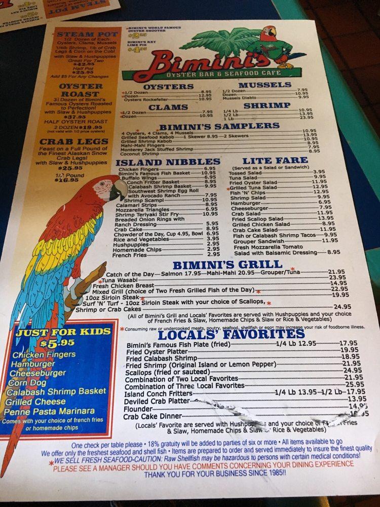Menu at Bimini's Oyster Bar & Seafood Market - MYRTLE BEACH, Myrtle Beach