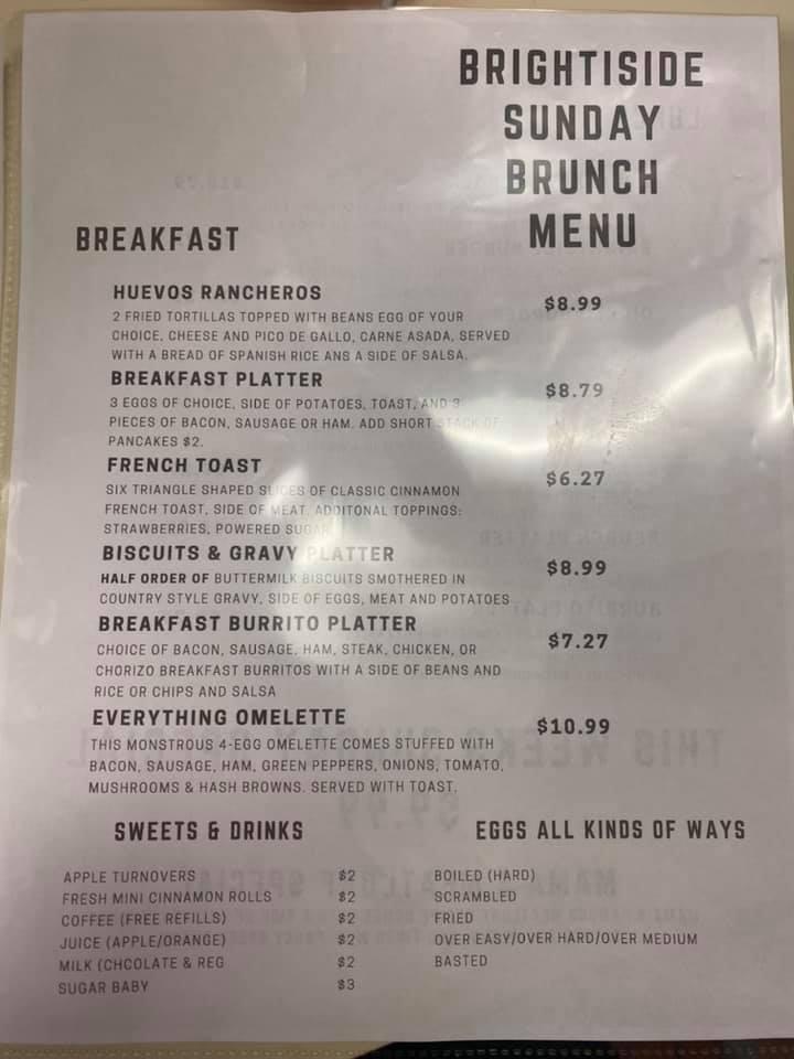Menu at Brightside Cafe, Sioux City