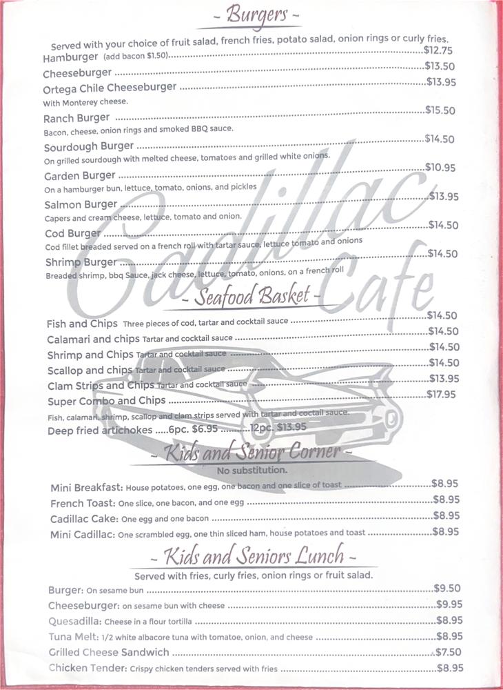 Menu at Cadillac Cafe, Watsonville