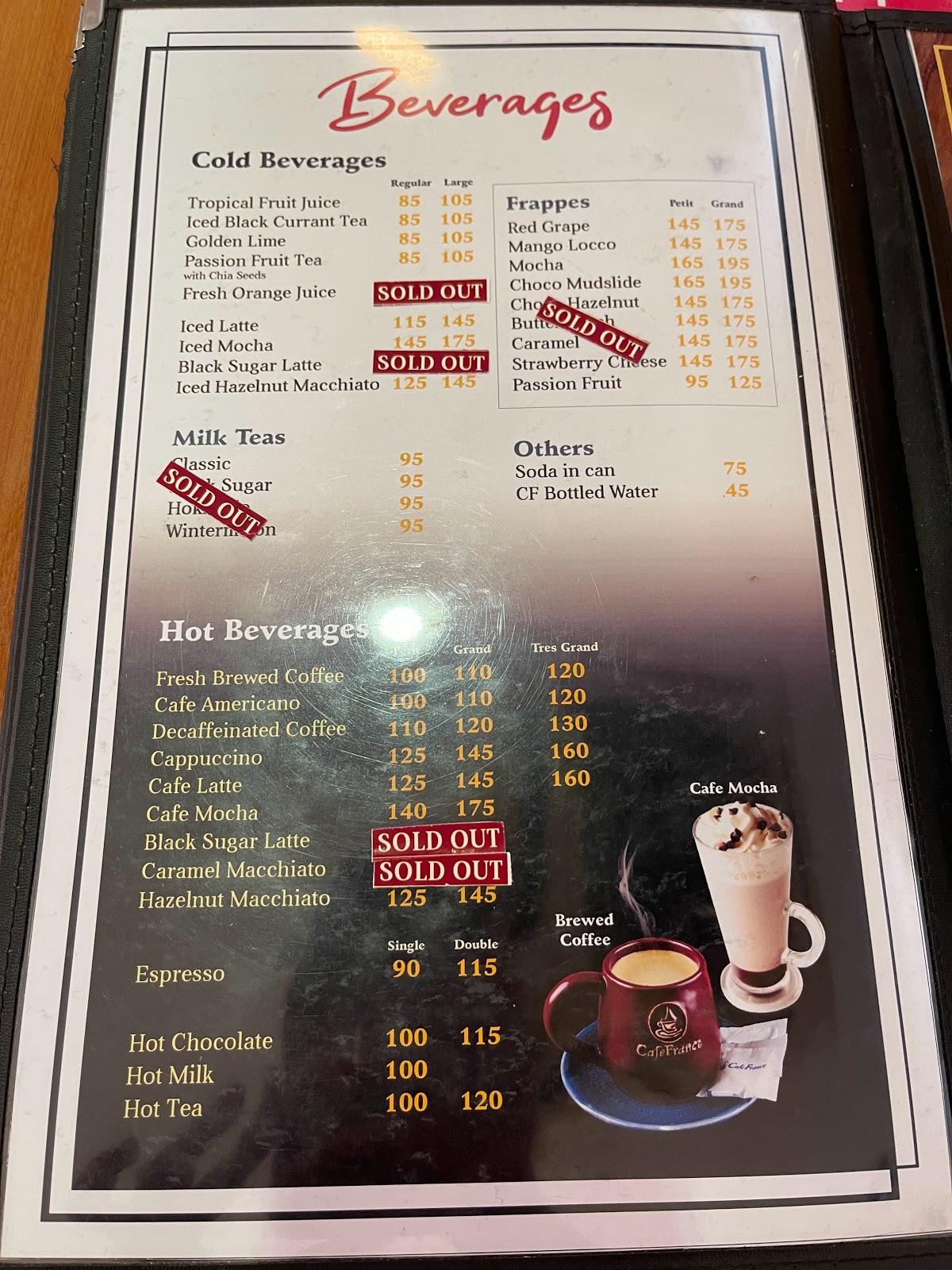 Menu at Cafe France, Manila, JX2G+57Q