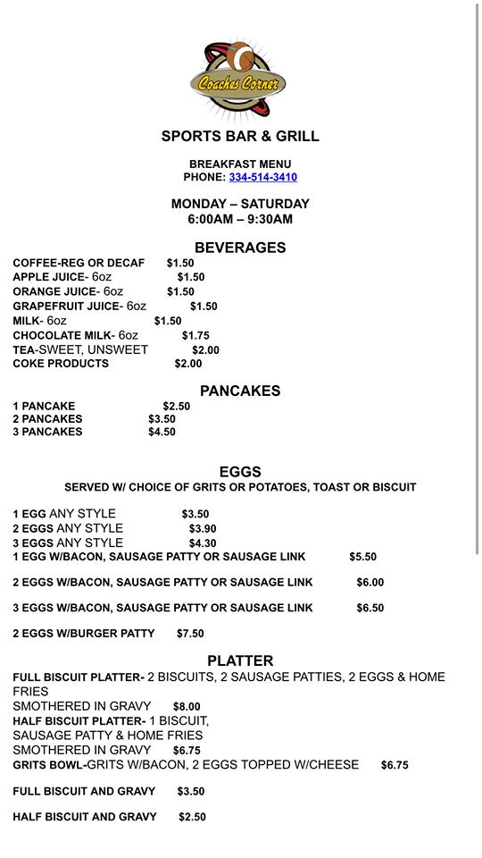 Menu at Coaches Corner Sports Bar & Grill, Wetumpka, 203 Orline St