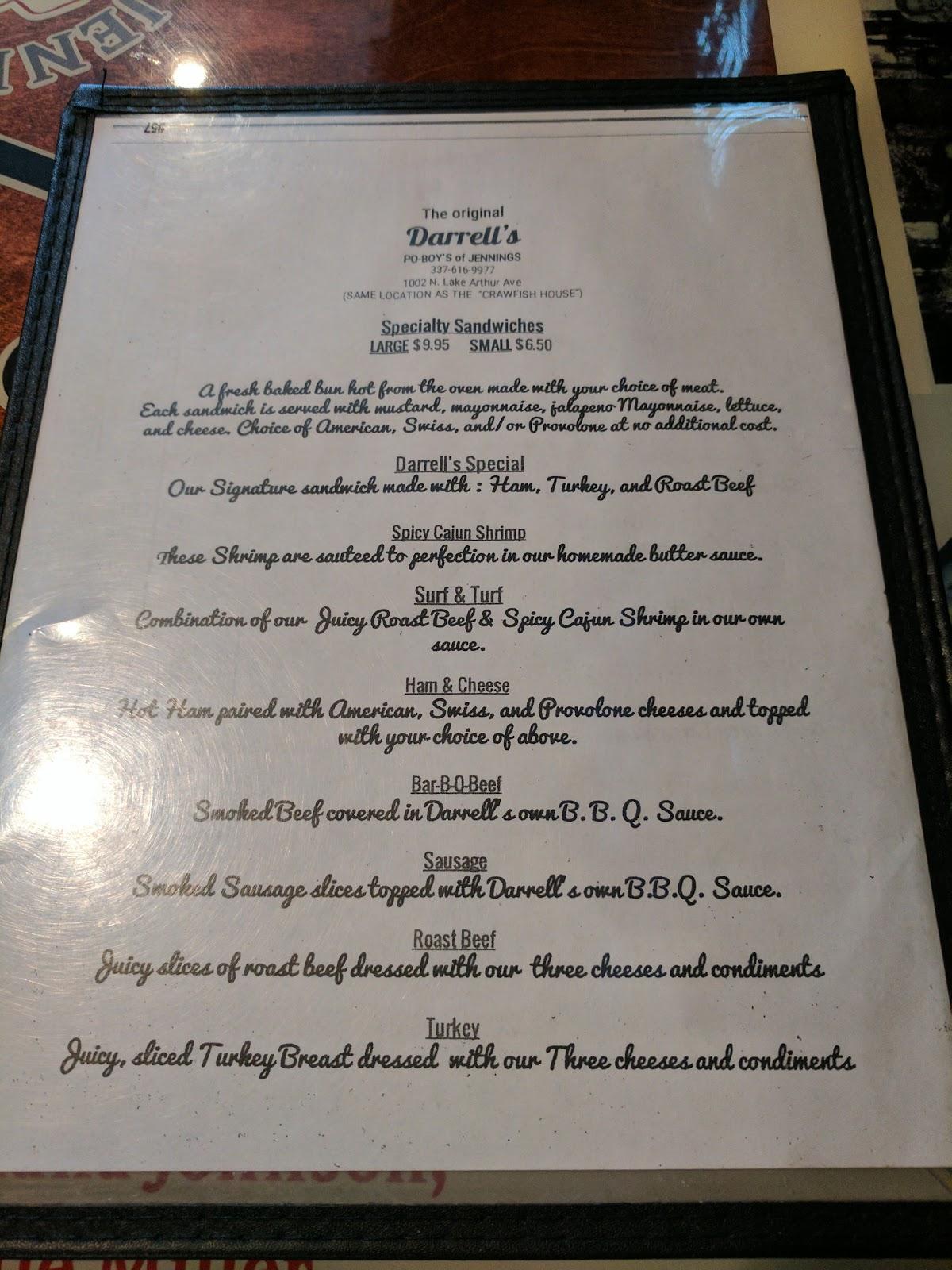 Menu at Darrell's of Jennings restaurant, Jennings
