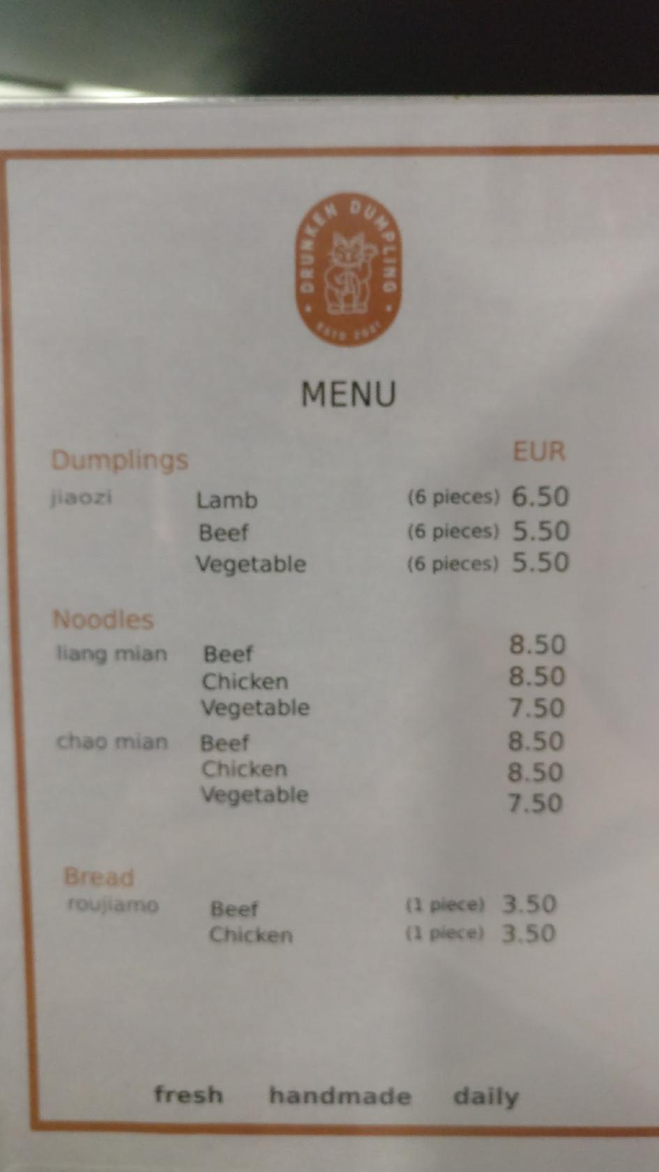 Speisekarte von Drunken Dumpling restaurant, Valletta