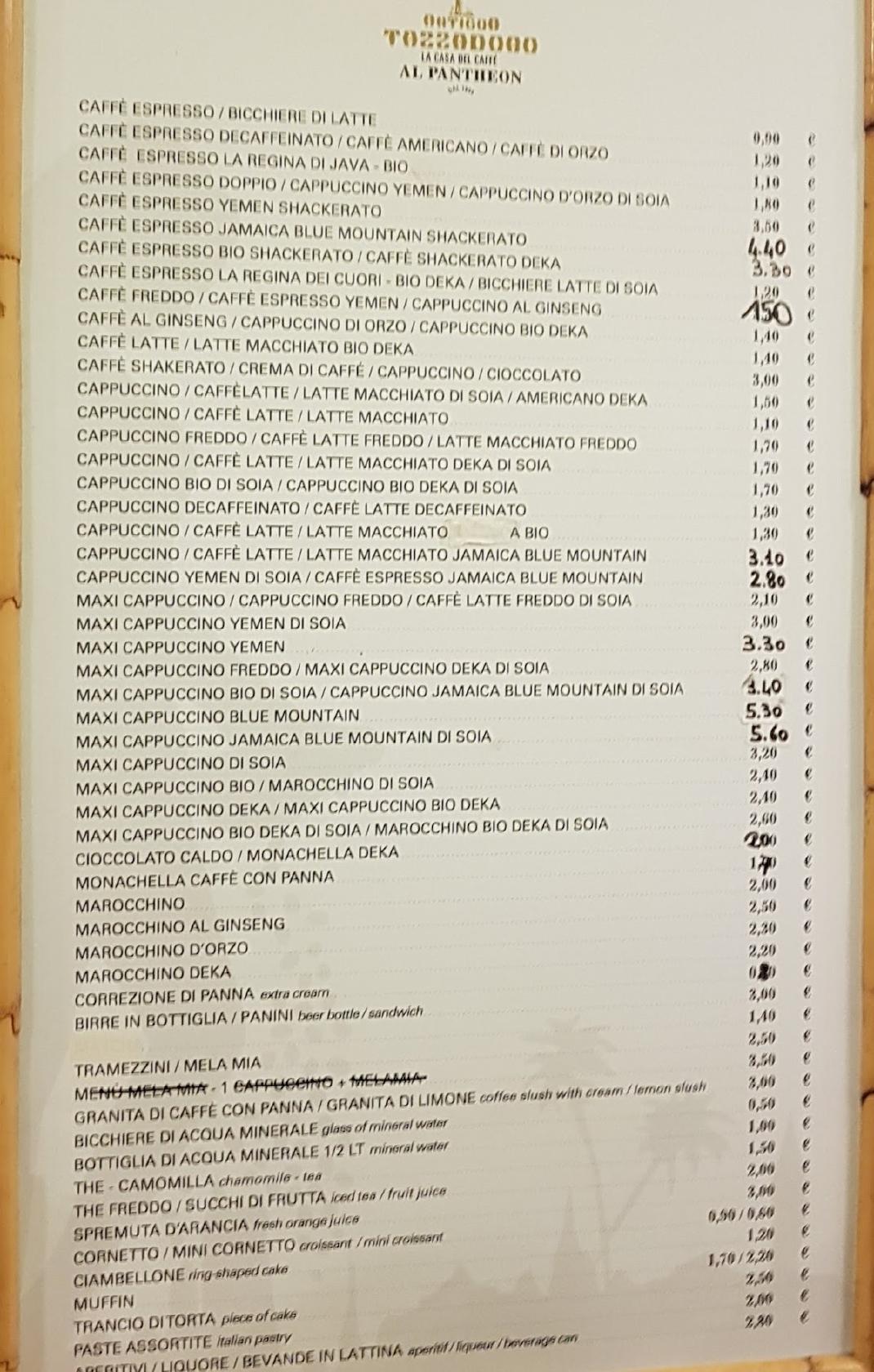 Speisekarte von La Casa del Caffè Tazza d'Oro cafe, ROM