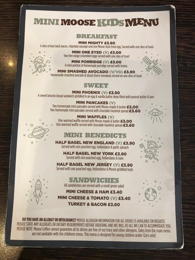 Menu at Moose Coffee restaurant, Manchester, 20 York St