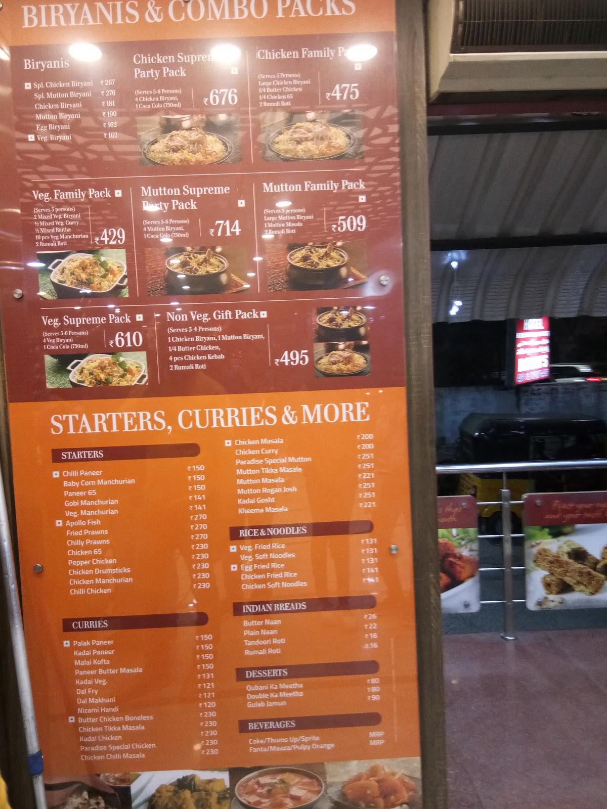 Menu at Paradise Biryani Masab Tank, Hyderabad, X Roads