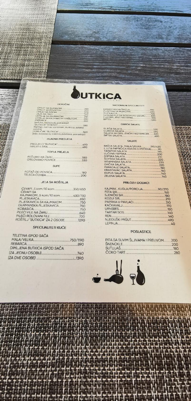 Menu at Restoran Butkica restaurant, Belgrade
