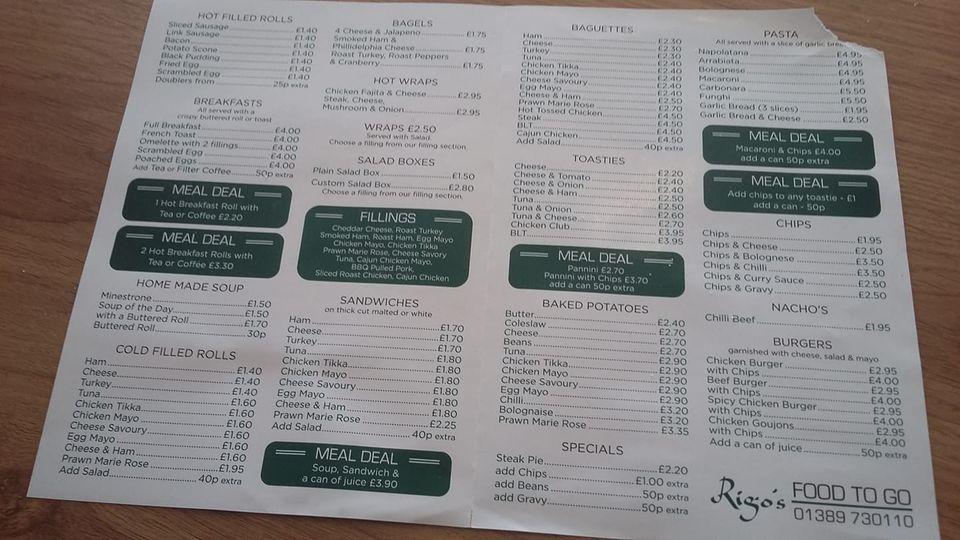 Menu at Rigo's Bistro cafe, Dumbarton