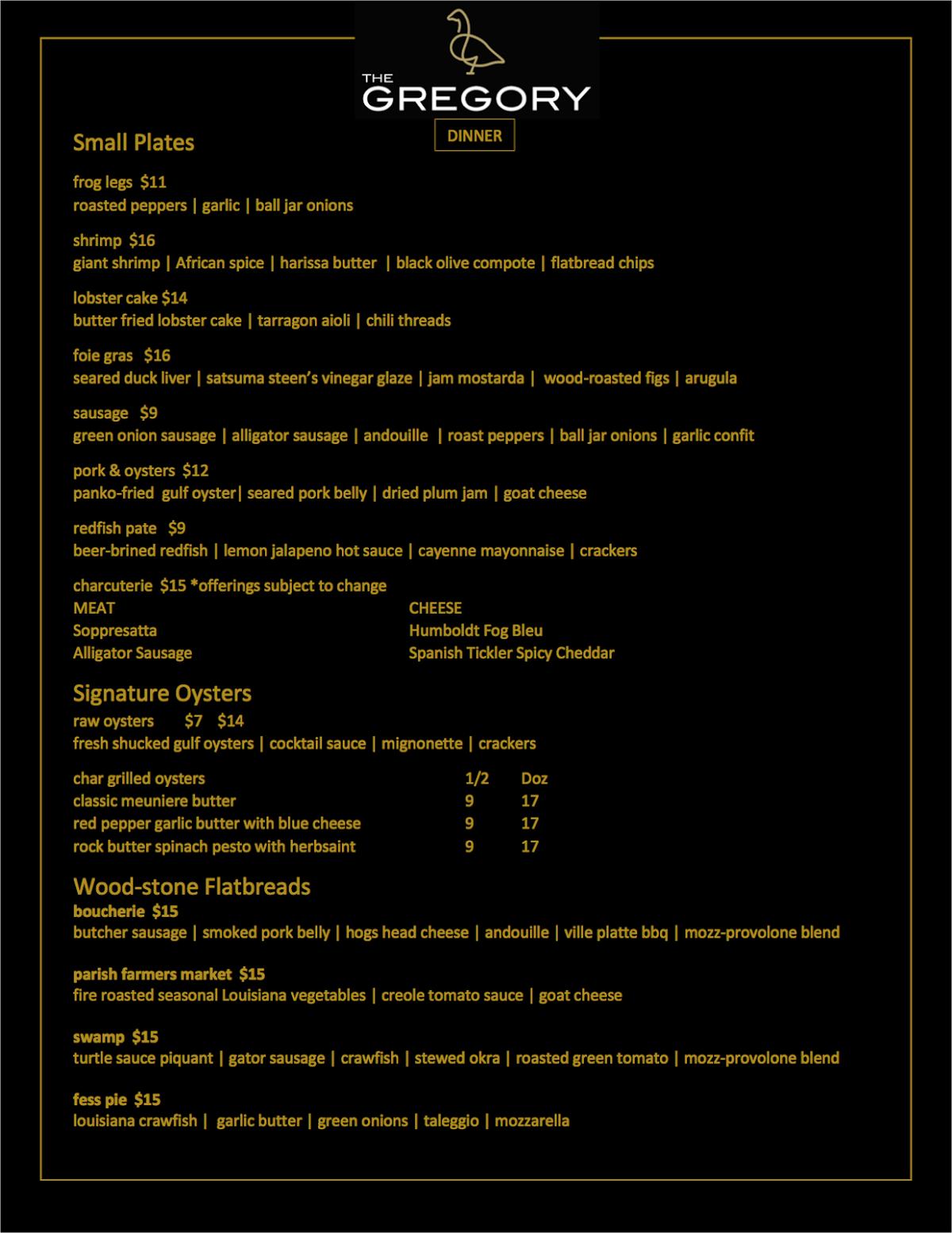 Menu at The Gregory pub & bar, Baton Rouge