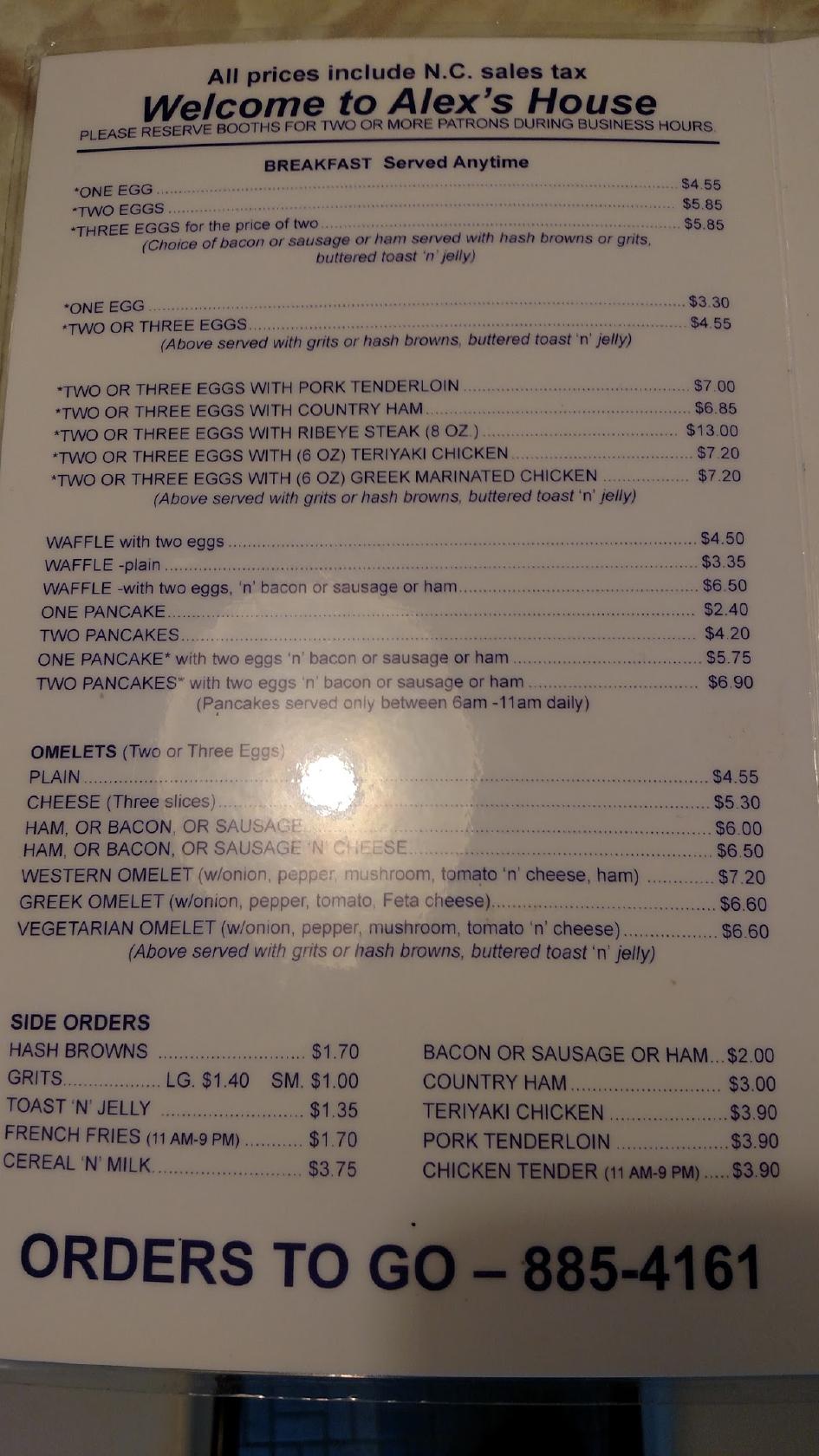 Menu at Alex's House Restaurant, High Point