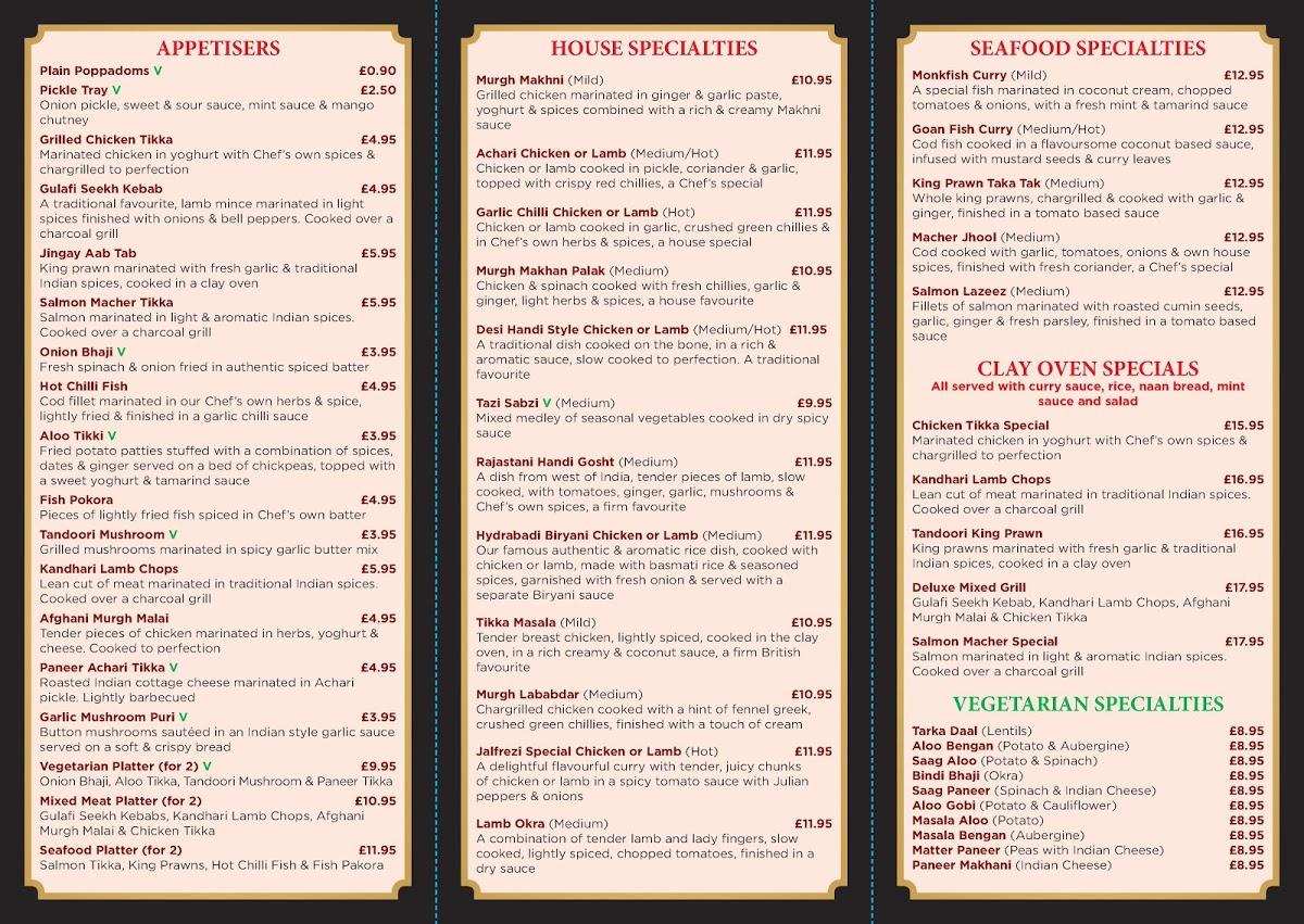 Menu at Anila restaurant, Belper