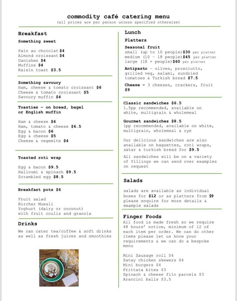 Menu at Commodity Cafe, Melbourne, 441 St Kilda Rd