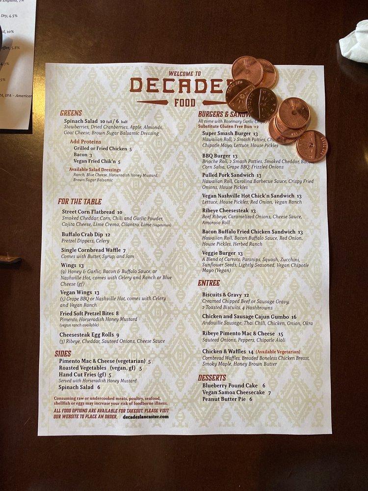 Menu at Decades pub & bar, Lancaster
