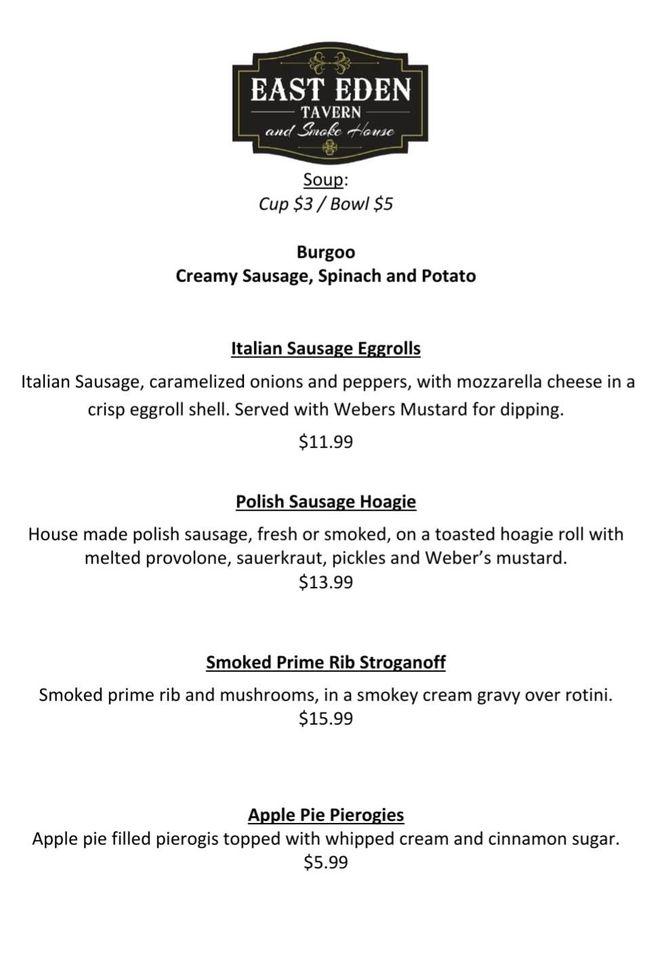 Menu at East Eden Tavern & Smoke House pub & bar, North Boston
