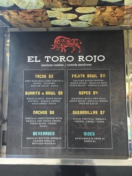 Menu at El Toro Rojo restaurant, New York City