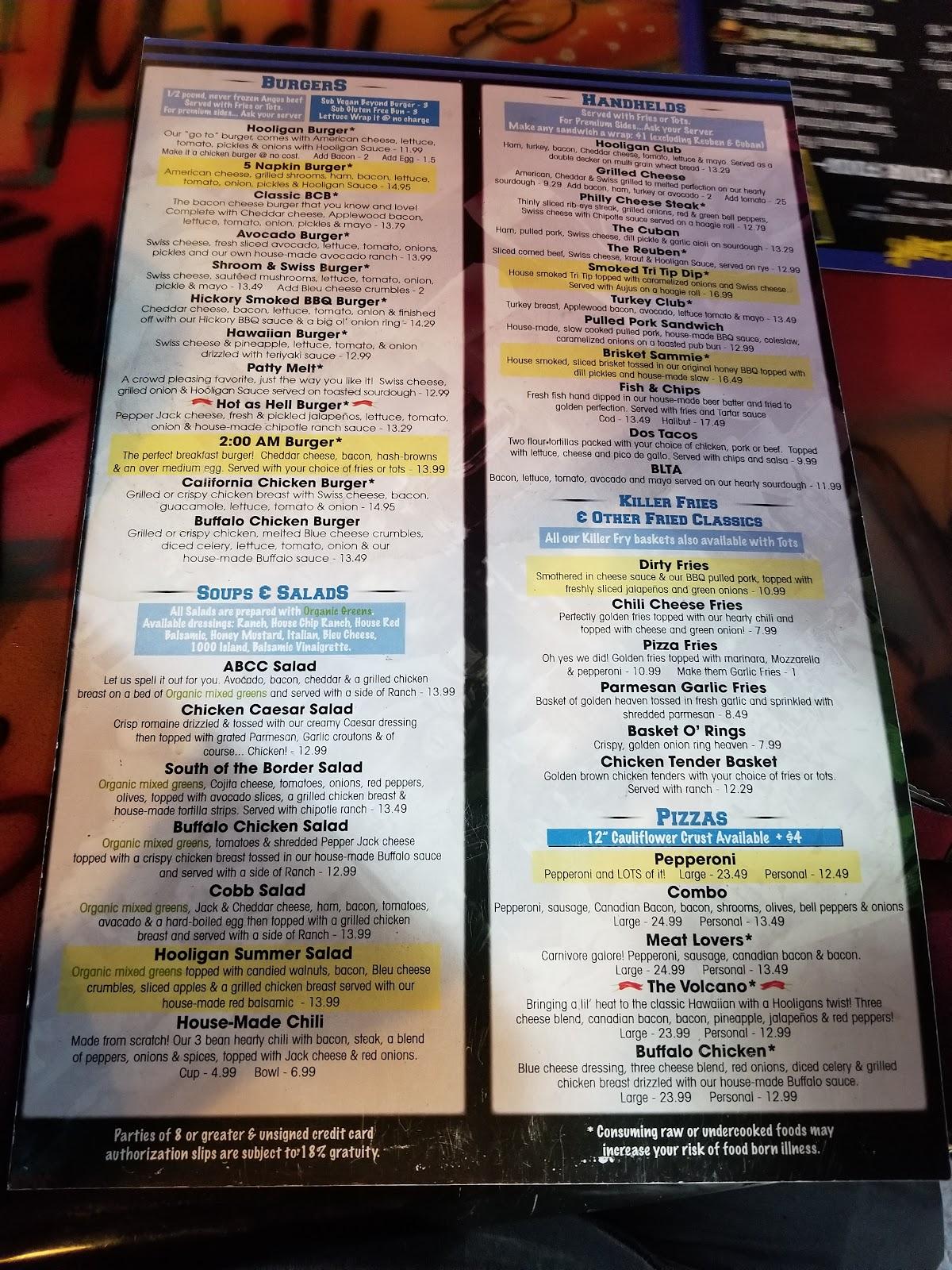 Menu at Hooligan's Sports Bar and Grill, Vancouver