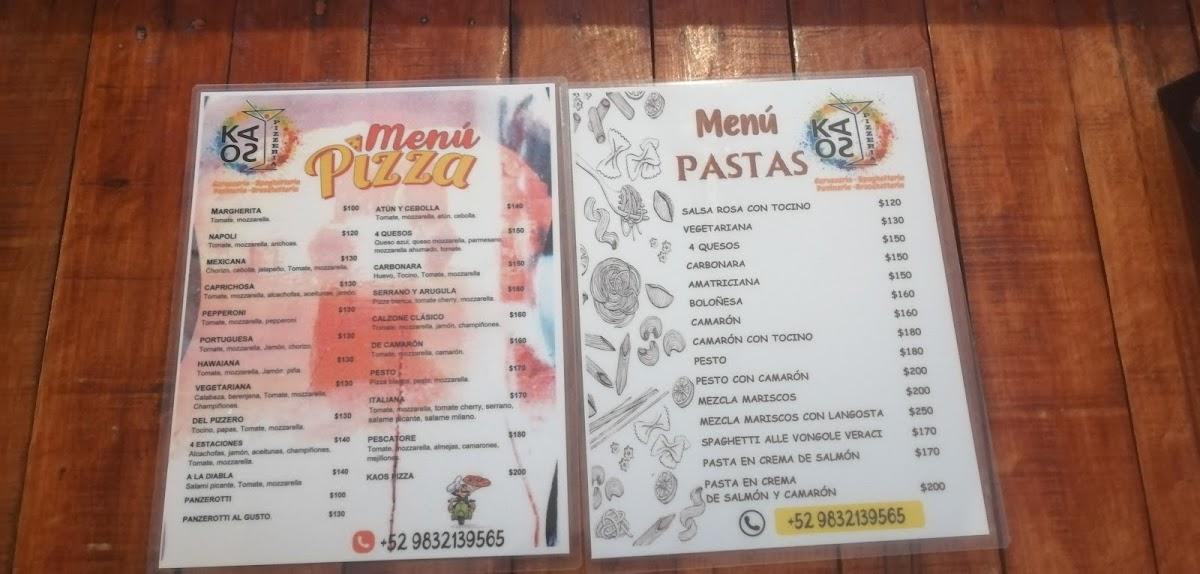 Menu at Kaos pizzería restaurante, Mahahual