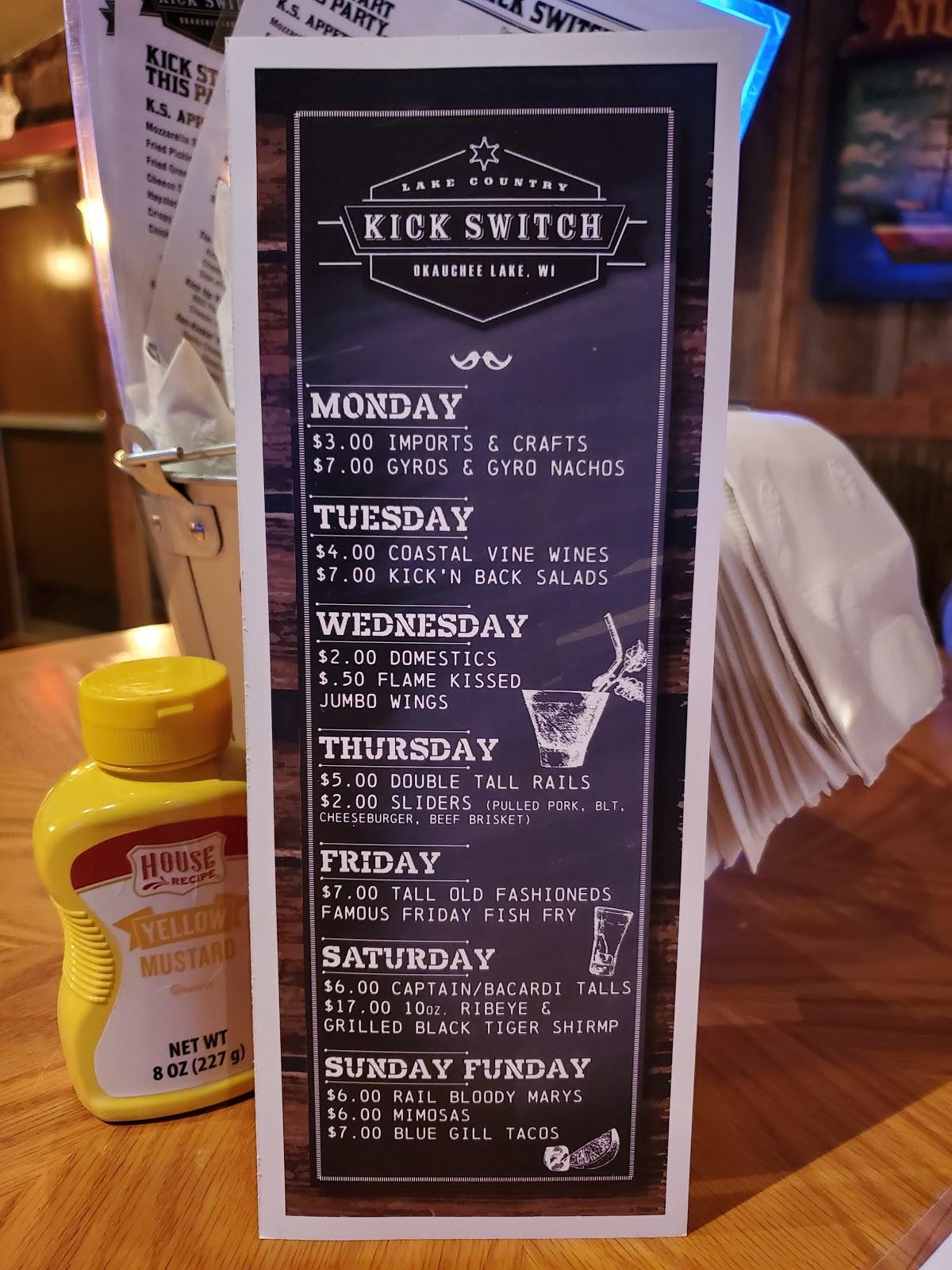 Menu at Kick Switch Bar And Grill, Okauchee Lake