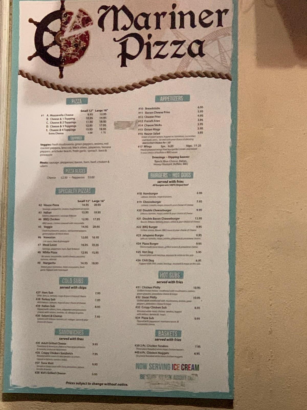 Menu at Mariner Pizza pizzeria, Myrtle Beach