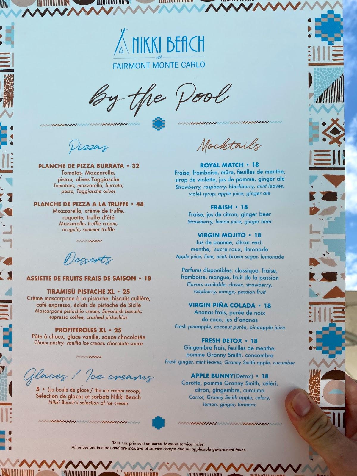 Menu au Nikki Beach Fairmont Monte Carlo restaurant, Monaco