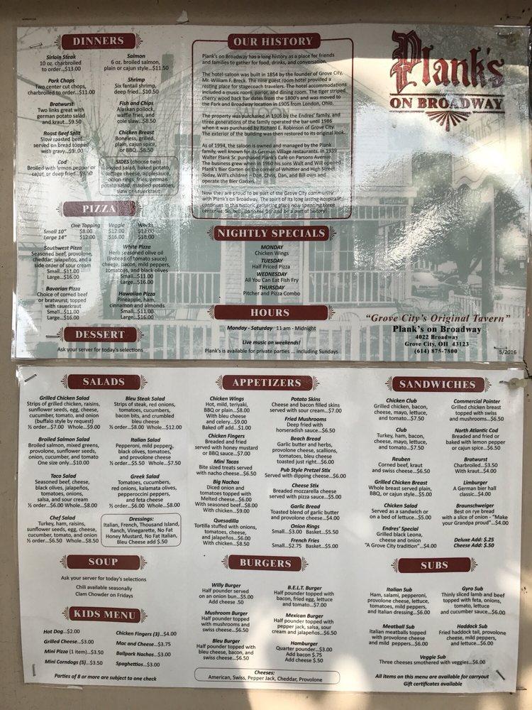Menu at Plank's On Broadway pizzeria, Grove City