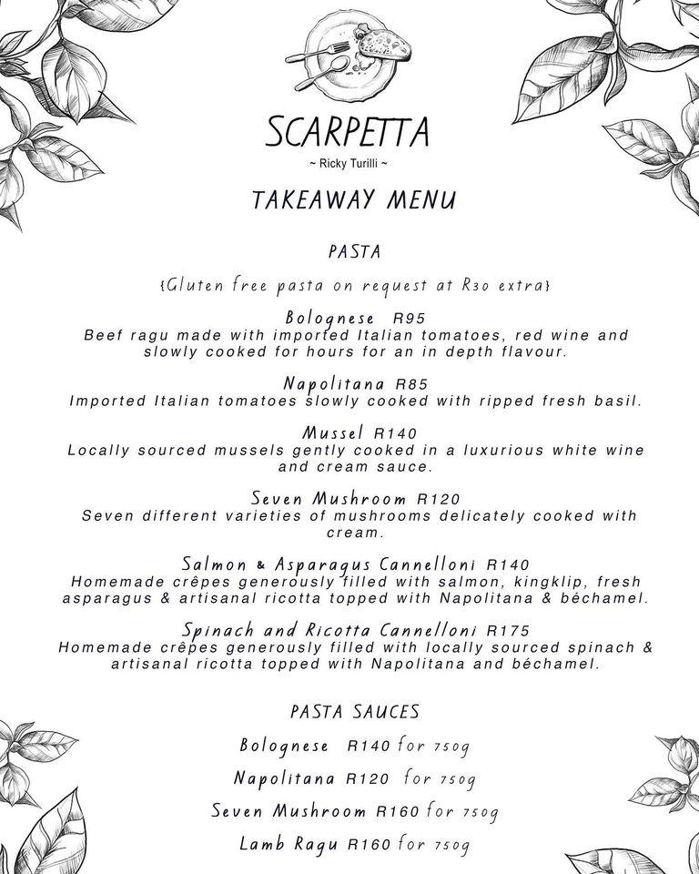 Menu at Scarpetta restaurant, Cape Town