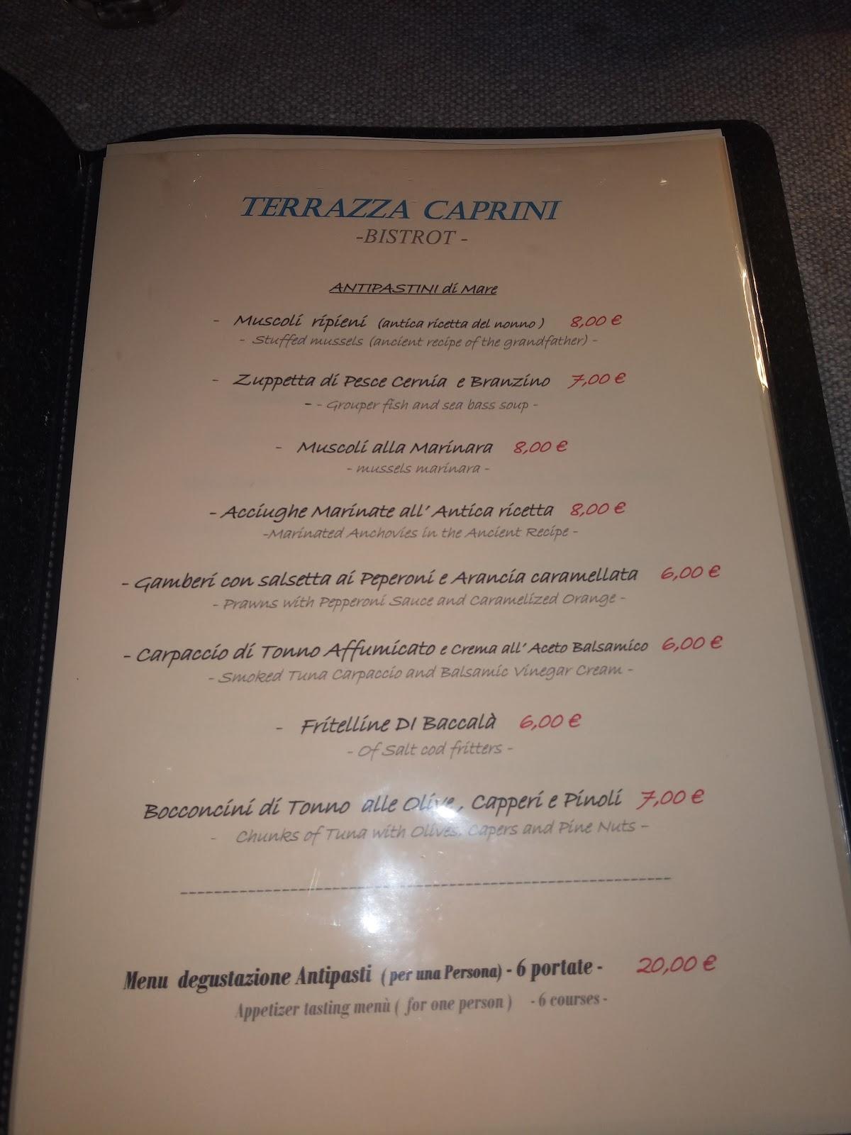 Menu at Terrazza Caprini Bistrot restaurant, Lerici