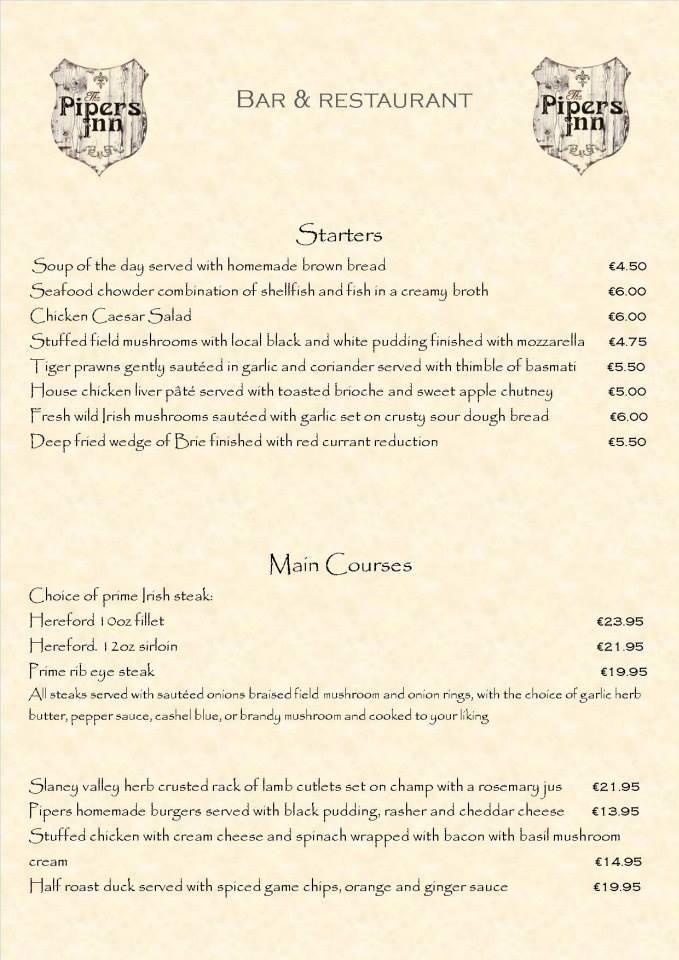 Menu at The Pipers Inn Bar & Restaurant, Ireland