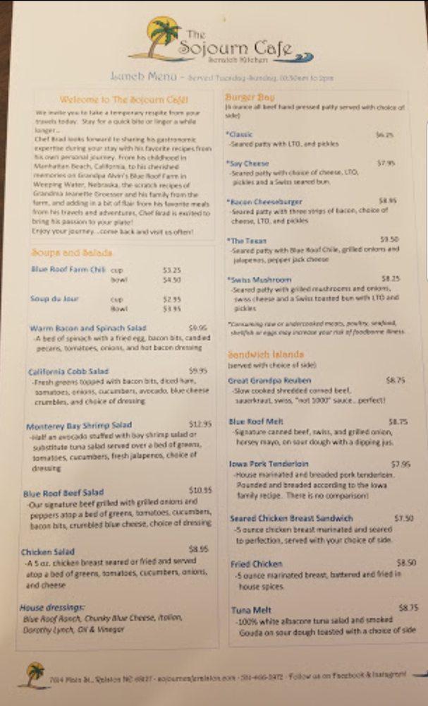 Menu at The Sojourn Cafe, Ralston
