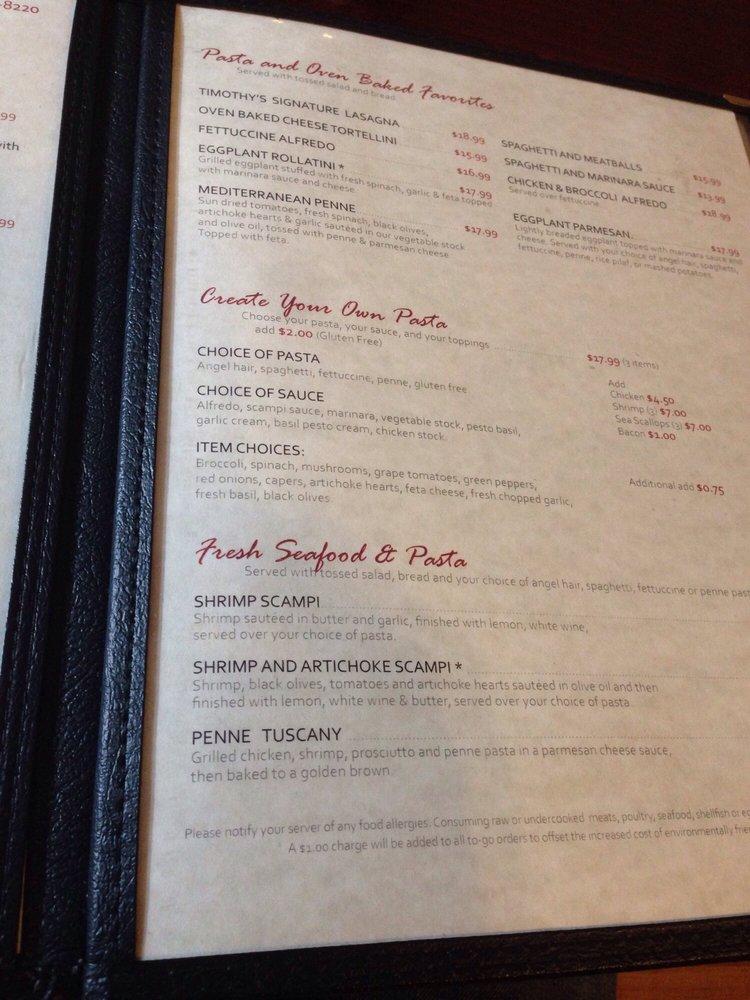 Menu at Timothy's Restaurant & Pizzeria, Lee