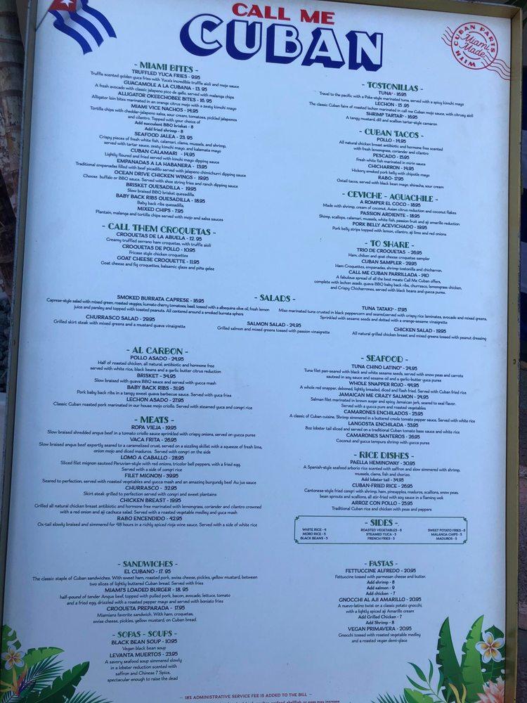 Menu at Call Me Cuban restaurant, Miami Beach