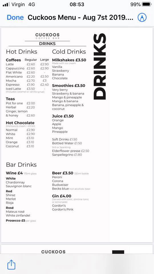 Menu at Cuckoos Coffee Bar, Christchurch