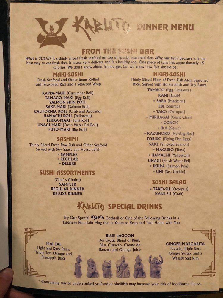 Menu at Kabuto Japanese House of Steak steakhouse, Richmond