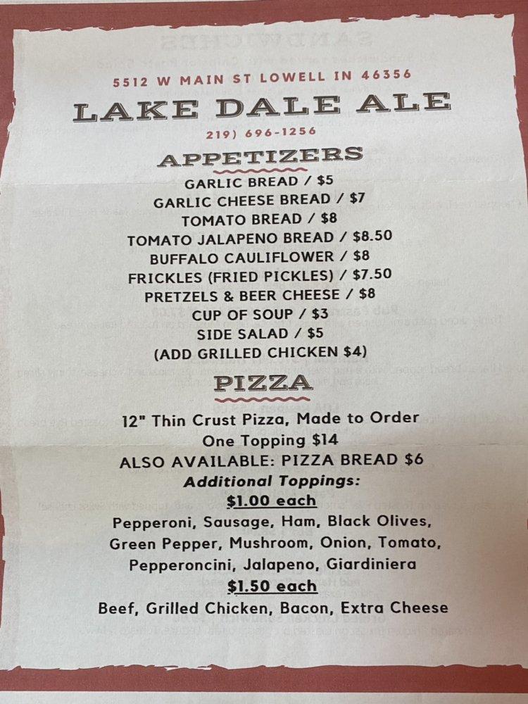 Menu at Lake Dale Ale pub & bar, Lowell