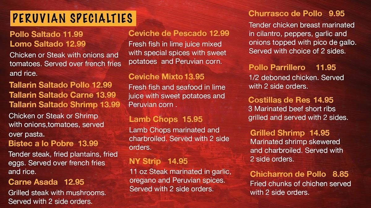 Menu at Peru's Chicken restaurant, Mitchellville