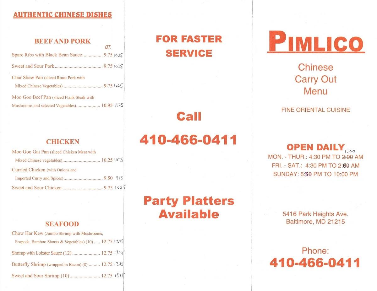 Menu at Pimlico Chinese Carryout restaurant, Baltimore