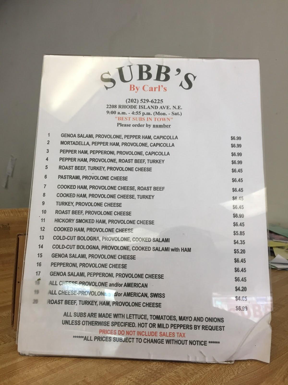 Menu at Subbs by Carl restaurant, Washington