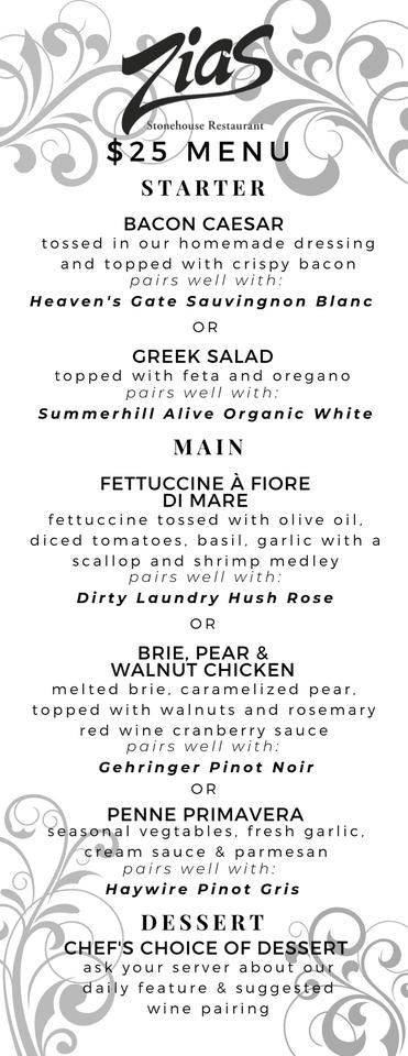 Menu at Zias Stonehouse Restaurant, Summerland