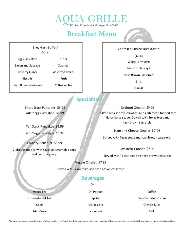 Menu at Aqua Yacht Harbor Grille restaurant, USA