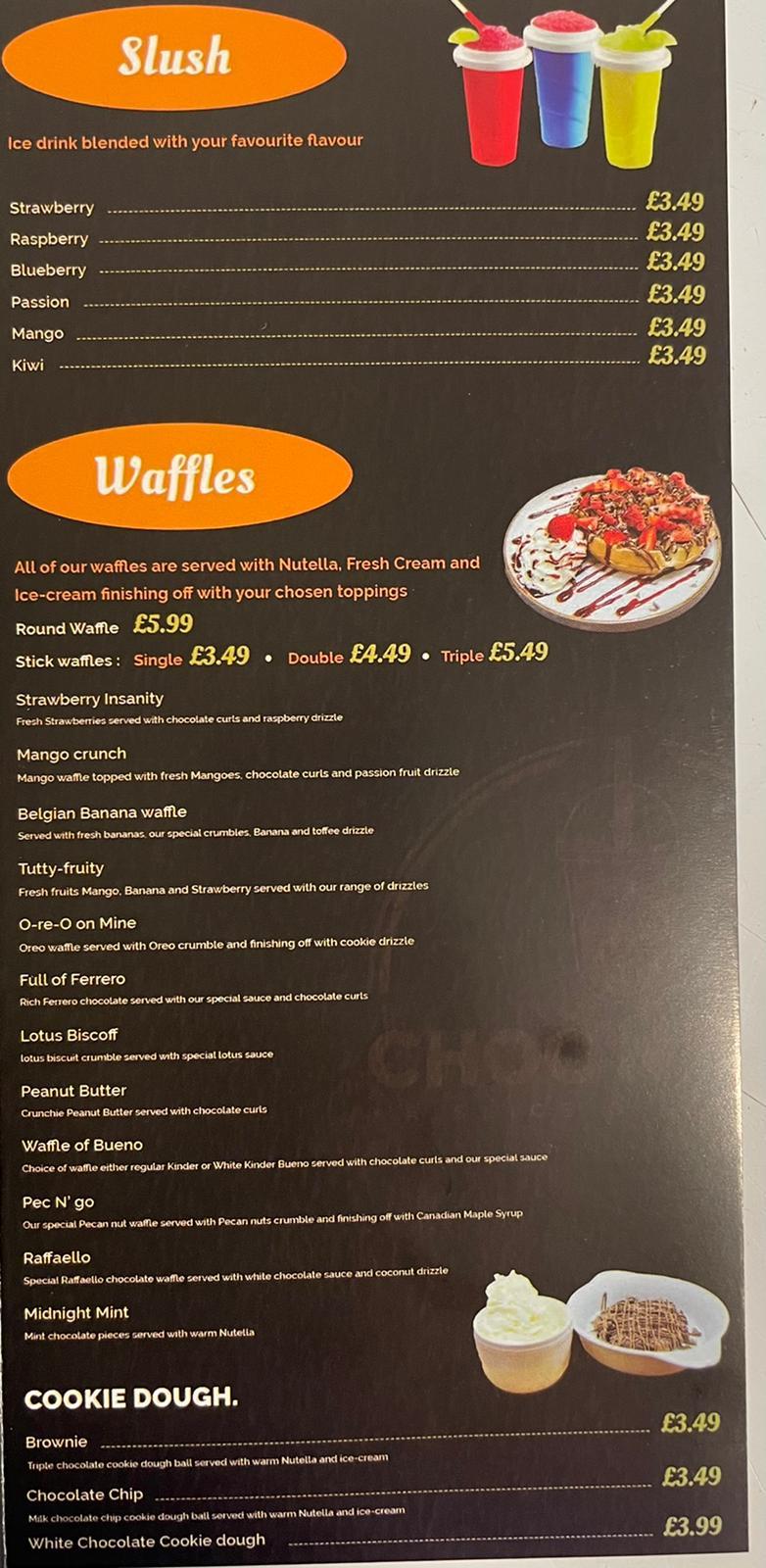 Menu at Choc N' Nut desserts, Leicester
